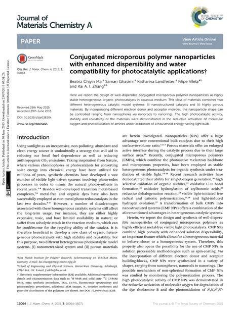 Pdf Conjugated Microporous Polymer Nanoparticles With Enhanced Dispersibility And Water