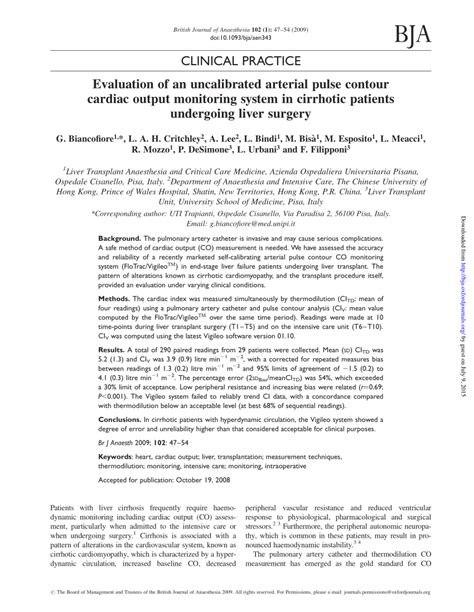 Pdf Evaluation Of An Uncalibrated Arterial Pulse Contour Cardiac Output Monitoring System In