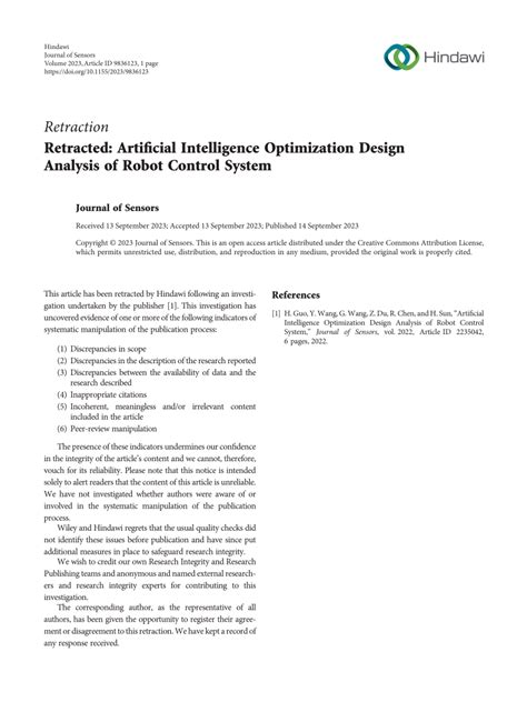 PDF Retracted Artificial Intelligence Optimization Design Analysis Of Robot Control System