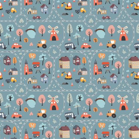 Cute City Map Seamless Pattern Cartoon Town Landscape Background Vector Illustration Stock