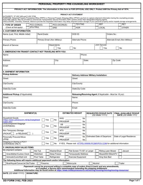 Dd Form 3162 Personal Property Pre Counseling Worksheet Dd Forms