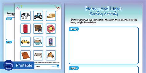 Grade 1 Mathematics Heavy Or Light Sorting Activity