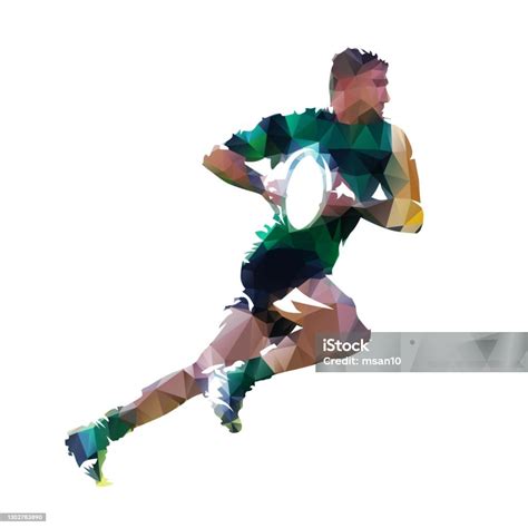 럭비 플레이어와 볼 추상적 인 낮은 폴리 절연 벡터 일러스트레이션 럭비 스포츠에 대한 스톡 벡터 아트 및 기타 이미지 럭비 스포츠 낮음 달리기 Istock