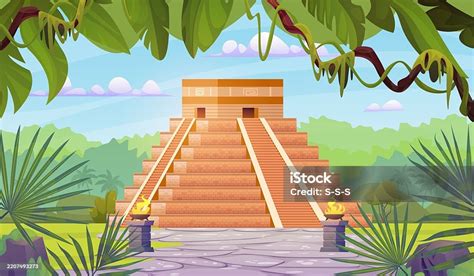 마야 피라미드 아즈텍 사원 유적 정글 Chichen Itza 멕시코 고대 세계 기념물 마야 문명 목적지 멕시코 페루 돌 피라미드 만화 호화로운 벡터 일러스트 레이 션 건축에