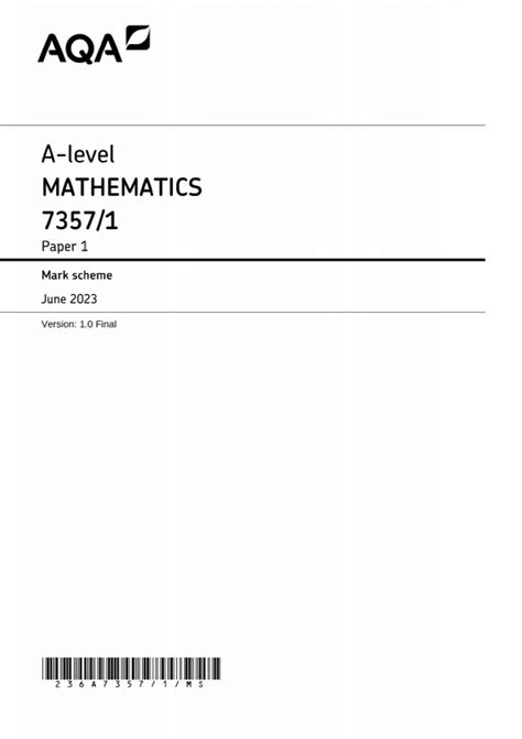 AQA A LEVEL MATHEMATICS PAPER MARK SCHEME JUNE AQA A LEVEL MATHEMATICS PAPER