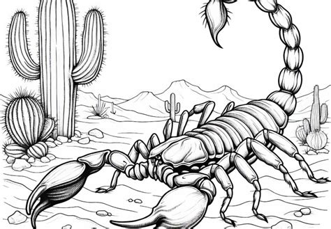 사막의 모래 위에 있는 전갈과 배경의 선인장 무료 색칠 공부 그림