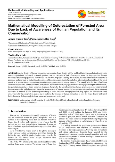Pdf Mathematical Modelling Of Deforestation Of Forested Area Due To Lack Of Awareness Of Human