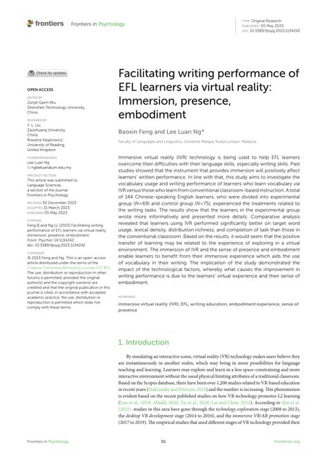 Pdf Facilitating Writing Performance Of Efl Learners Via Virtual Reality Immersion Presence