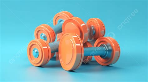 눈에 띄는 오렌지색 플레이트가 있는 3d 렌더링된 덤벨을 보여주는 혁신적인 개념 격리 파란색 배경 아령 바벨 체육관 장비