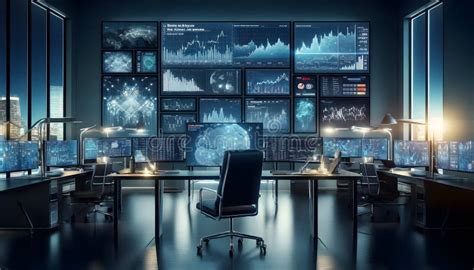 Modern Financial Analytics Office With Advanced Monitoring Displays And Urban Skyline Ai