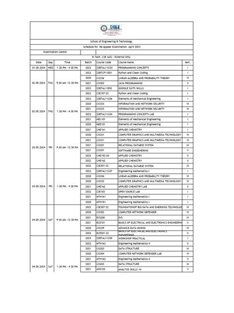 Examination Schedule Re Appear Examination Btech Cse Pdf Engineering Data Examination Schedule Re Appear Examination Btech Cse Pdf Engineering Data