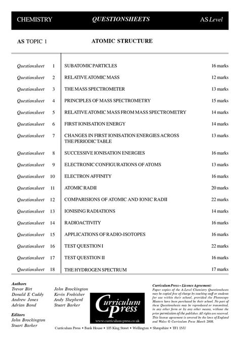 Atomic Structure Questions As Curriculum Press