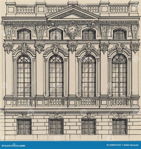 Ornate Architectural Drawing Of A Classical Building Facade Featuring