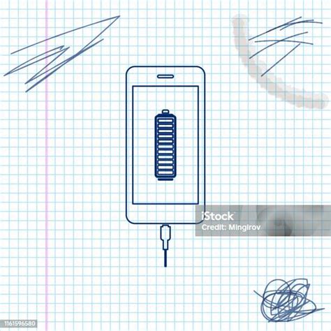 스마트 폰 배터리 충전 라인 스케치 아이콘흰색 배경에 격리 배터리 가 부족하고 Usb 연결이 있는 휴대폰 벡터 일러스트레이션