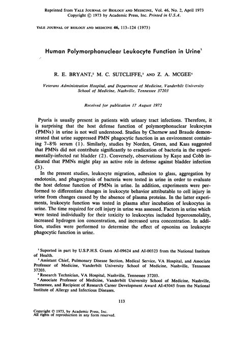 Pdf Human Polymorphonuclear Leukocyte Function In Urine