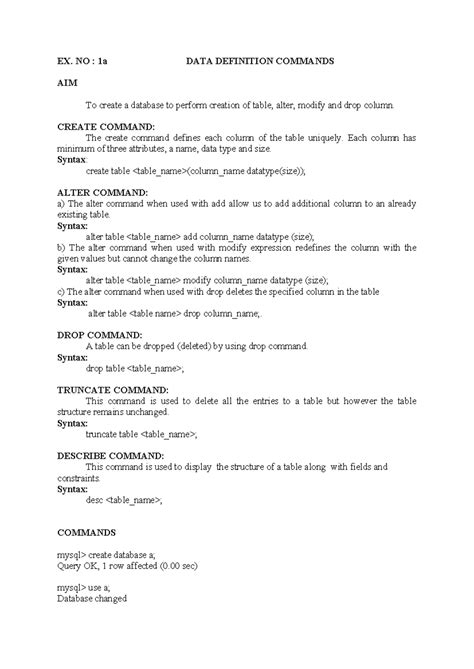 Ex 1 Lab Ex No 1a Data Definition Commands Aim To Create A Database To Perform Creation