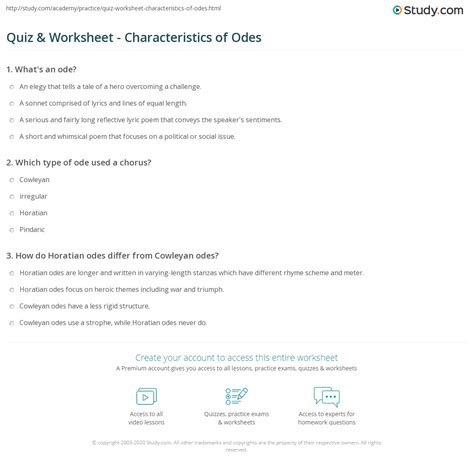Quiz Worksheet Characteristics Of Odes Study
