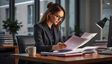 Corporate Manager Analysing Documents At Desk Busy Woman Working