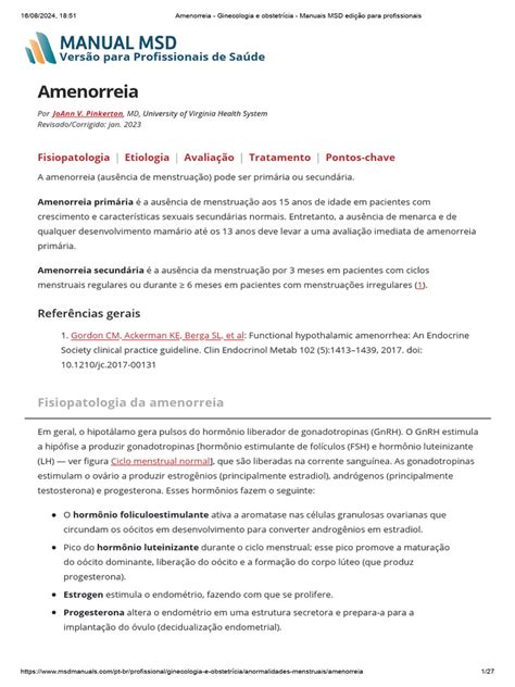 Amenorreia Ginecologia E Obstetrícia Manuais Msd Edição Para Profissionais Pdf
