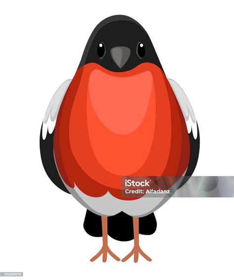 앉아있는 황소 핀치의 전면 보기 플랫 만화 캐릭터 디자인입니다 화려한 새 아이콘입니다 귀여운 불스 핀치 템플릿입니다 겨울 새입니다 벡터 일러스트 레이 션에 고립 된 흰색