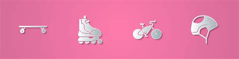 종이 컷 롱 보드 또는 스케이트 보드 롤러 자전거와 헬멧 아이콘을 설정합니다 종이 아트 스타일 벡터 두발자전거에 대한 스톡 벡터 아트 및 기타 이미지 Istock