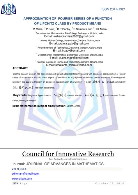 Pdf Approximation Of Fourier Series Of A Function Of Lipchitz Class By Product Means