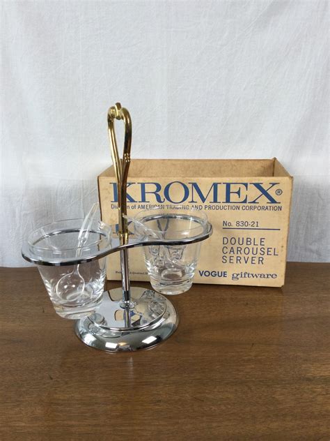 Vintage Kromex Chrome And Gold Condiment Set Double Carousel Glass Server Caddy With Spoons Mcm