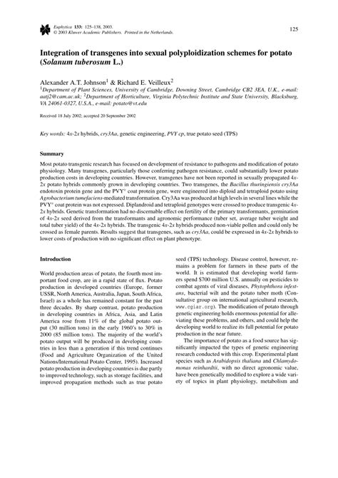 Pdf Integration Of Transgenes Into Sexual Polyploidization Schemes For Potato Solanum