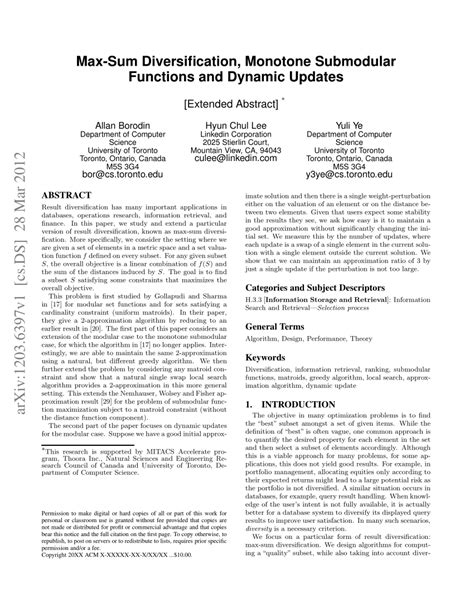 Pdf Max Sum Diversification Monotone Submodular Functions And
