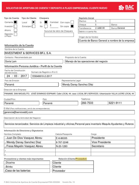 Solicitud De Apertura De Cuenta Empresarial Pdf Transferencia