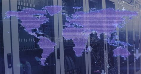 Distorting Purple Digital World Map Over Computer Server Room Stock