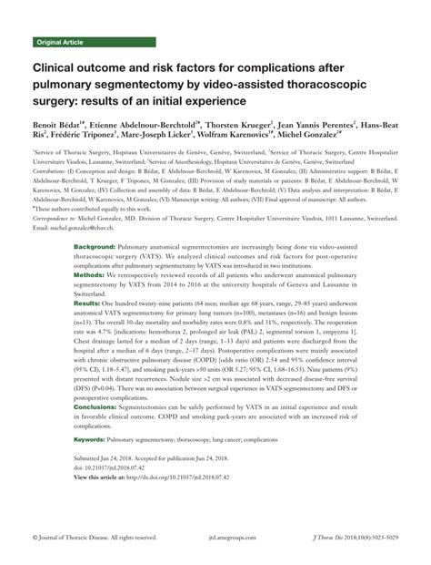 Pdf Clinical Outcome And Risk Factors For Complications After Pulmonary Segmentectomy By Video