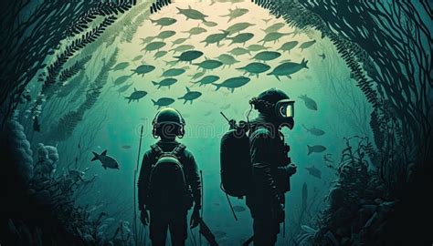 Dos Buceadores Silueta Bajo El Agua Nadando En Aguas Turquesas Entre Peces Apilados Bajo El Mar