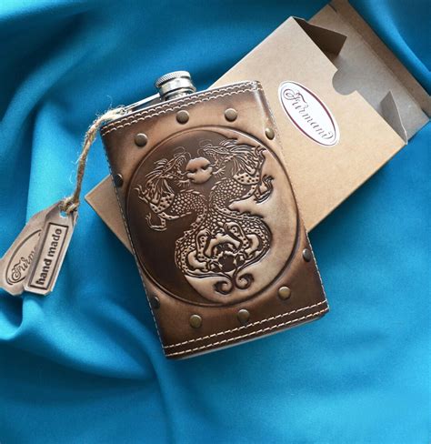 Dragon Engraved Leather Hip Flask For Men Yin Yang Whiskey Etsy