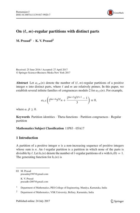 Pdf On Ell M Regular Partitions With Distinct Parts