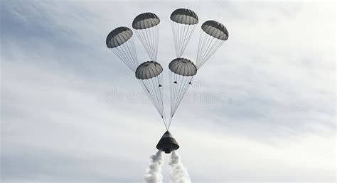 Spacecraft Descent With Parachutes Above Clouds Stock Illustration Illustration Of Circle