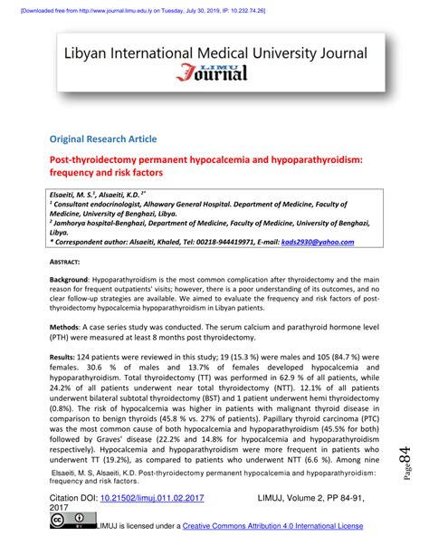 Pdf Post Thyroidectomy Permanent Hypocalcemia And Hypoparathyroidism Frequency And Risk Factors