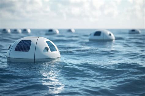 Floating Autonomous Robots Monitoring Ocean Health In A Serene Marine