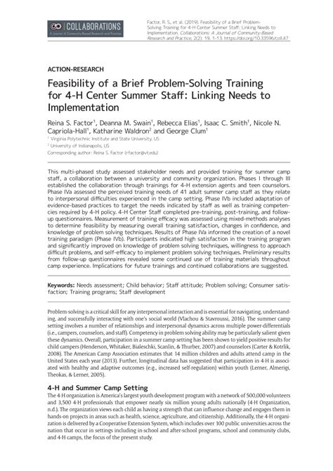 Pdf Feasibility Of A Brief Problem Solving Training For 4 H Center Summer Staff Linking Needs