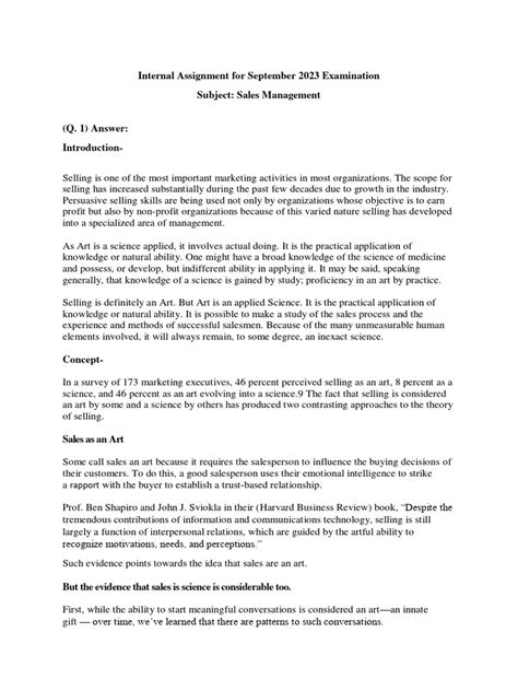 Internal Assignment Sales Management Pdf Sales Brand