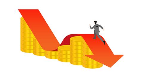 사업가는 빨간 화살표를 타고 동전 더미를 따라 내려갑니다 사업 침체 재산 창출 재무 계획 투자 목표 기업 개발 경제적 성취 손익 0명에 대한 스톡 벡터 아트 및 기타 이미지