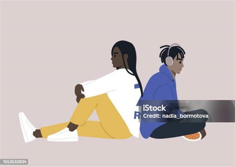 두 명의 사려 깊은 캐릭터가 서로 기대어 등을 맞대고 앉아 친구나 파트너가 어울리고 있습니다 결별에 대한 스톡 벡터 아트 및
