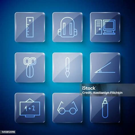 선 칠판 안경 마커 펜 컴퓨터 모니터 페인트 브러시 가위 눈금자 및 예각 아이콘을 설정합니다 벡터 가위에 대한 스톡 벡터 아트