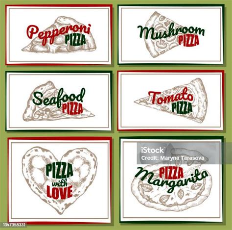 흰색 배경에 빨간색과 녹색 이탈리아 피자와 라인 아트 손 그린 템플릿 카드보드에 대한 스톡 벡터 아트 및 기타 이미지 카드