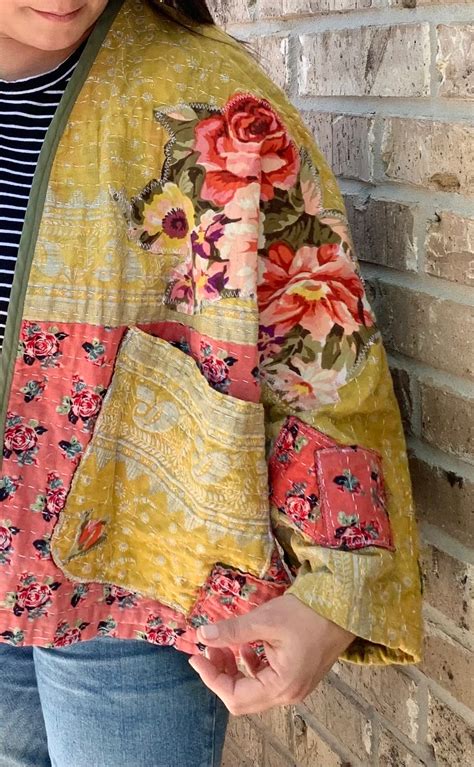 Vintage Kantha Quilt Coat Jacket Handmade Size X Large Boho Trendy