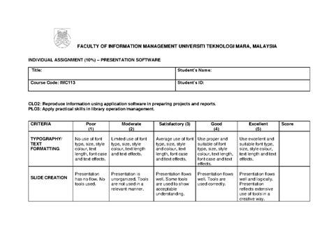 Rubrik Assignment 3 Imc113 Individual Presentation Software 10
