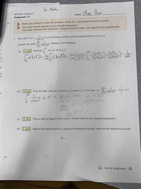[calculus 2 Integral Test] Im Trying To Solve Part B For The Least Value Of N But I Think I