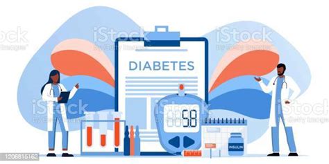 의학 당뇨병 유형 2 개념 설탕 수준을 측정하기위한 글루컴터 혈액 포도 당 미터 알 약 주사기와 유리병 인슐린 생산 실험실 테스트 장비와 의사 벡터 배너 템플릿 건강관리와