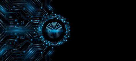 디지털 회로 기판 배경에 미래 지향적 인 빛나는 지문 스캐너 네온 라인과 공상 과학 전자 마이크로칩 패턴을 사용한 하이테크 생체 인식 보안 인터페이스 개념 벡터 0명에 대한