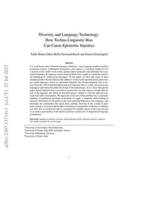 Pdf Diversity And Language Technology How Techno Linguistic Bias Can